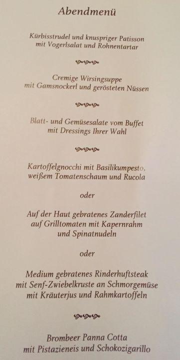 "Ein Abendessen 5 Gänge Speisekarte" Zugspitz Resort (Ehrwald ...