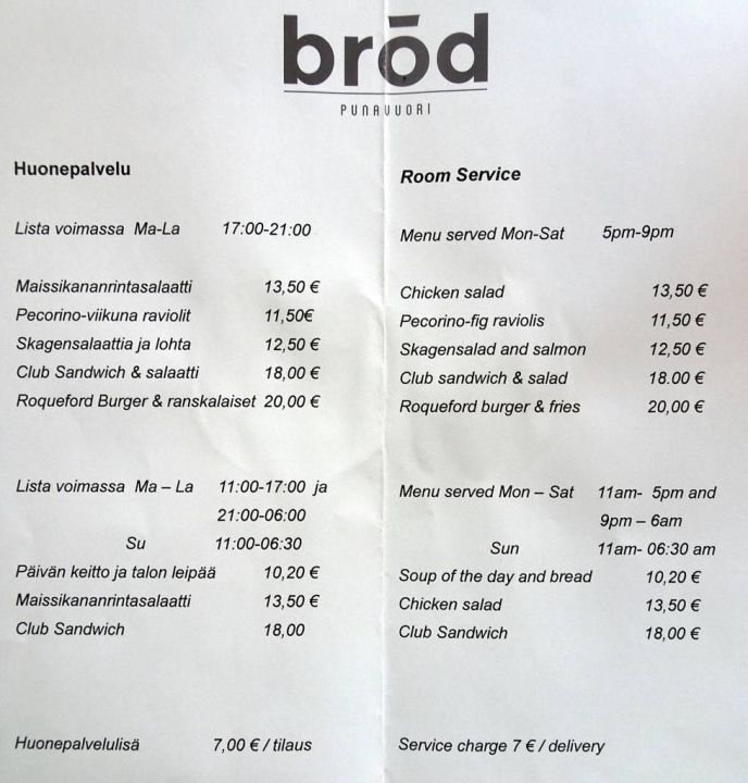 "Room Service menu" Hotel Indigo Helsinki - Boulevard (Helsinki ...