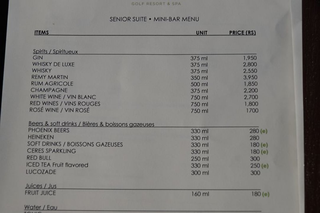 "Minibar Preise" Trou aux Biches Beachcomber Golf Resort & Spa (Trou ...