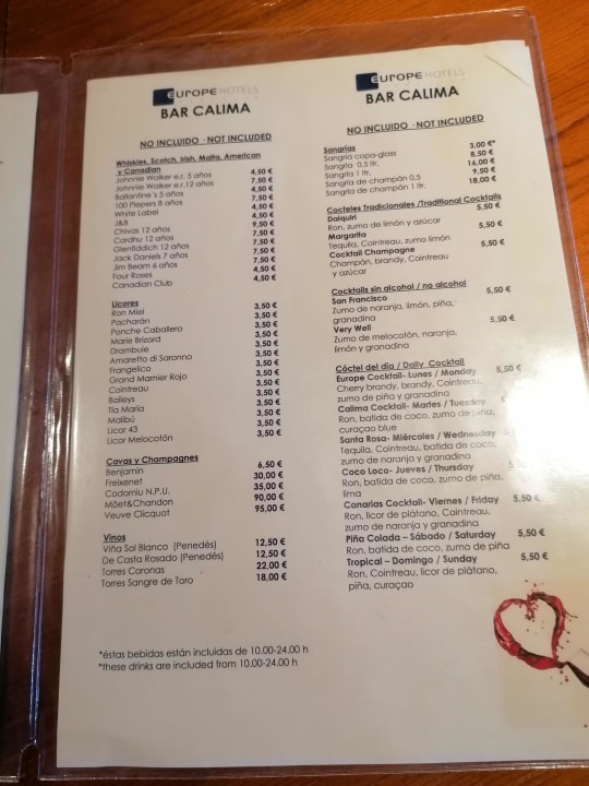 "Getränkekarte" Park Club Europe (Playa de las Americas) • HolidayCheck ...