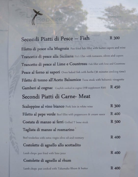 "Speisekarte" Le Repaire - Boutique Hotel & Restaurant (La Digue ...