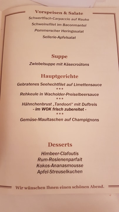 "Speisekarte Abendessen " Hotel zur Post (Bansin) • HolidayCheck ...